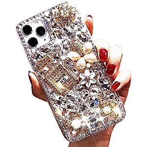 iPhone 13 Pro Max Glitter Case, Luxury Diamond Rhinestone 3D Perfume Bottle & Flower Soft TPU Cover for Women & Girls