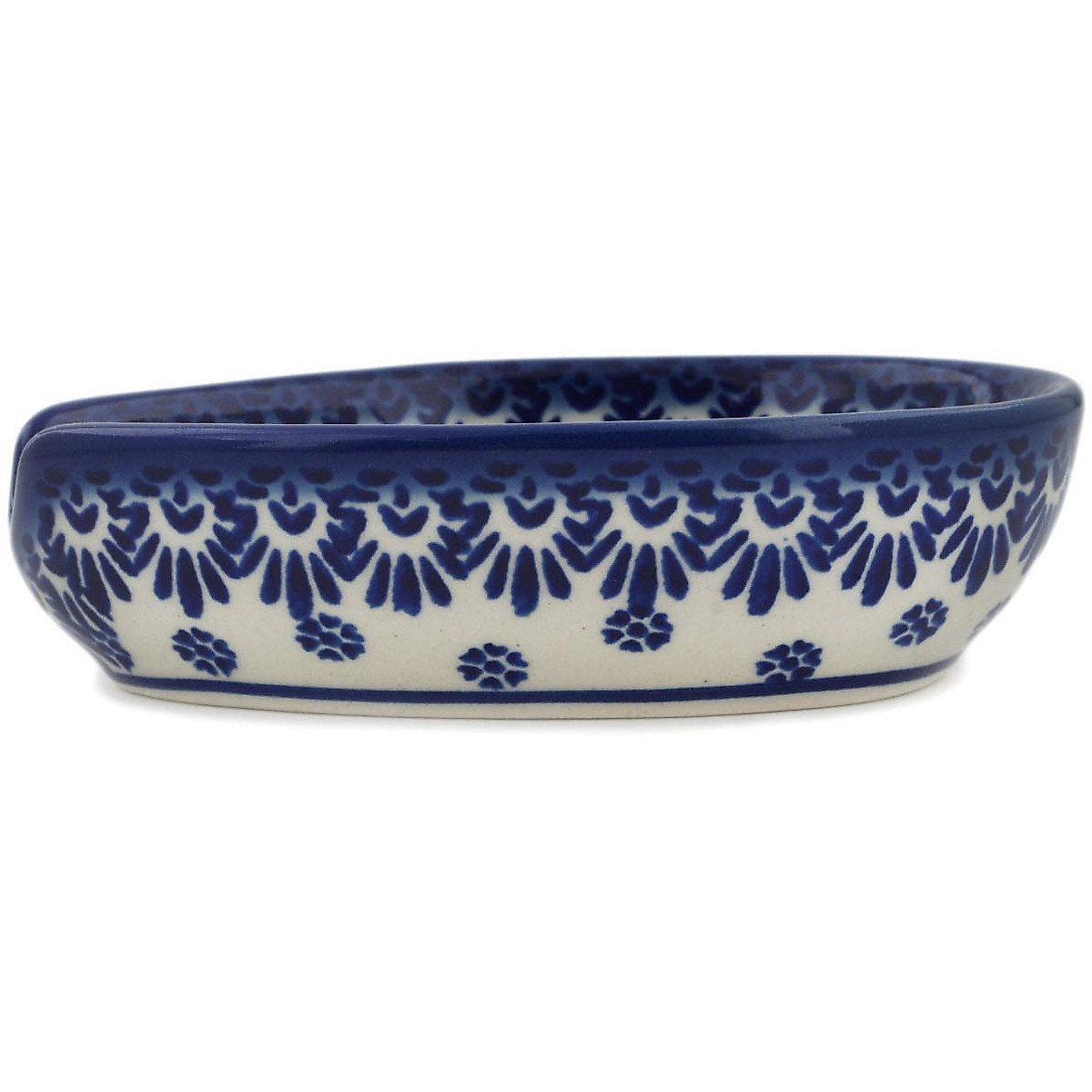 Polish Pottery 5-inch Spoon Rest (Double White Flower Theme) Signature UNIKAT + Certificate of Authenticity
