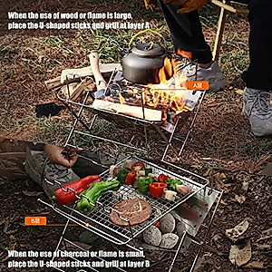 PSKOOK Camping Grills, Stainless Steel Portable Foldable Campfire Charcoal BBQ Grill, Lightweight Fire Pit for Travel, Outdoor Cooking, Bushcraft, Picnics, Garden, Balcony and Beach,Easy to Assemble
