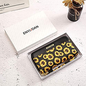 ENYISDAN Wristlet Wallets for Women Sunflower RFID Blocking Leather Zip Cute Long Purse Clutch