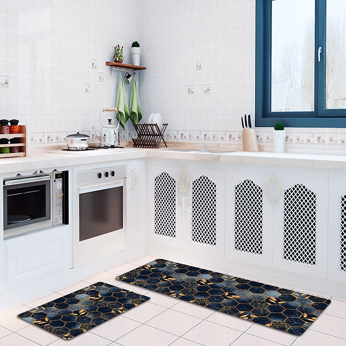 Colorful Star Geometric Marble Kitchen Mats Cushioned Anti Fatigue 2 Pieces Set Kitchen Floor Rugs Non-Slip Leather Standing Mat Comfort Runner Rug 17" Wx29 L+17" Wx47 L Hexagon Marble & Gold Leaves