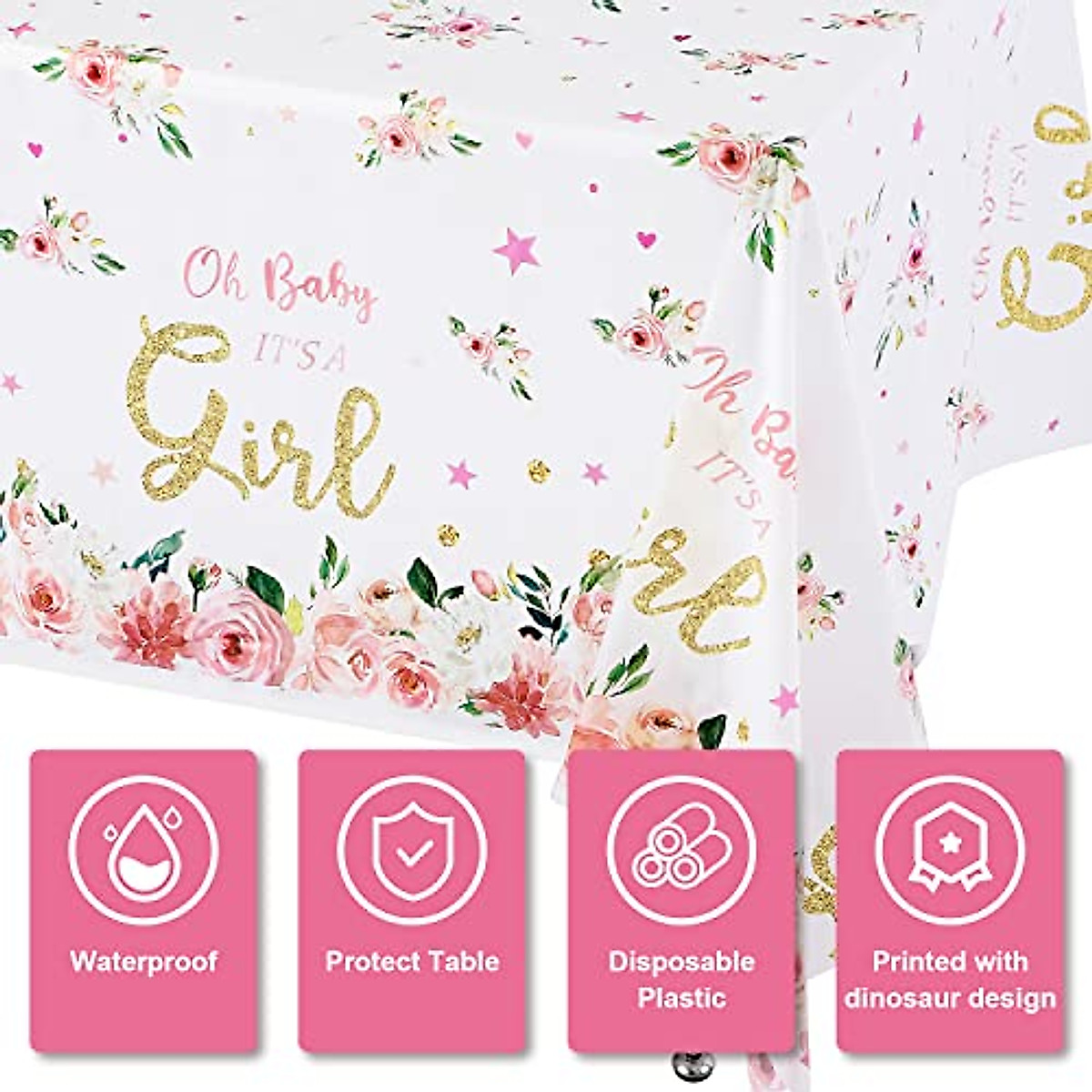 3 Pack oh Baby It's a Girl Plastic Tablecloths for Rectangle Tables, Disposable Party Table Cloths, Pink Floral and Gold Table Covers for Girl Baby Shower Gender Reveal Decorations, 54" x 108"