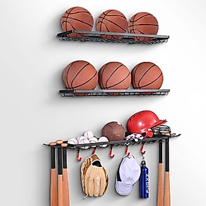 Mythinglogic Sports Equipment Storage Rack,Wall Mount Ball Storage Racks for garage, 3 Separate Ball Storage Organizer for Basketball, with Hooks