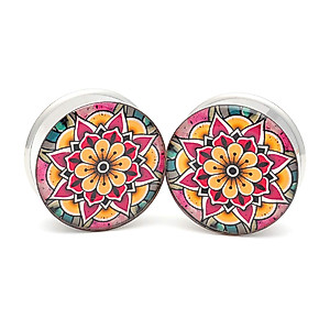 Mystic Metals Body Jewelry Large Gauge Flower Mandala Style 2 Picture Plugs - Sold As a Pair (1-1/4" (32mm))