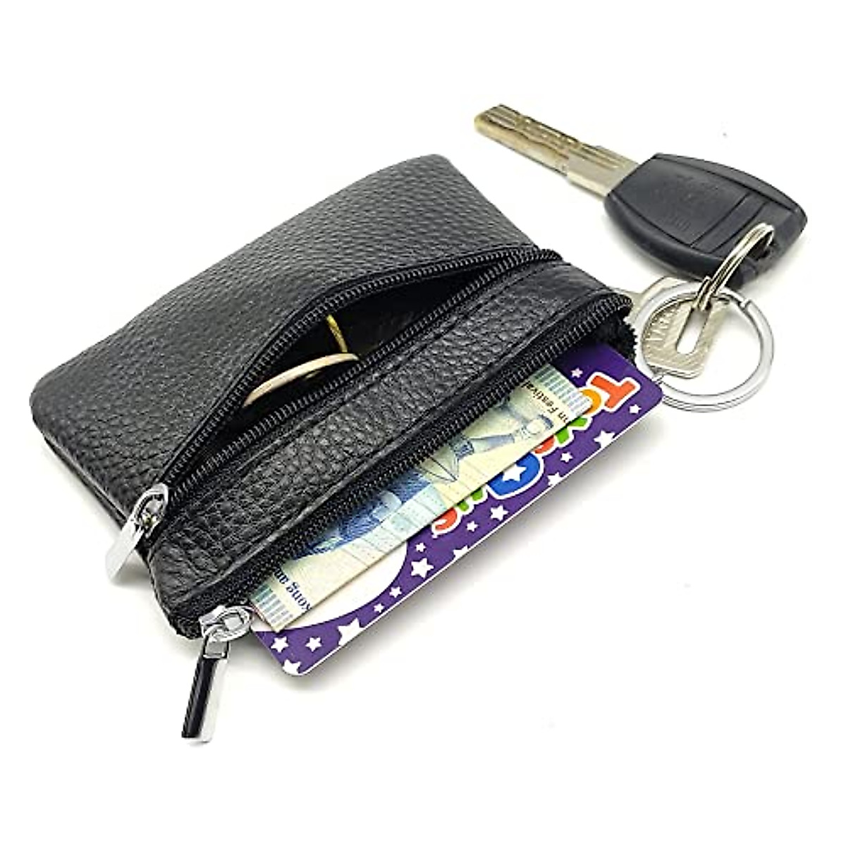 Keychain Purse Small, iToolai Women's Genuine Leather Zipper Mini Coin Bag Credit Card Holder (Black)