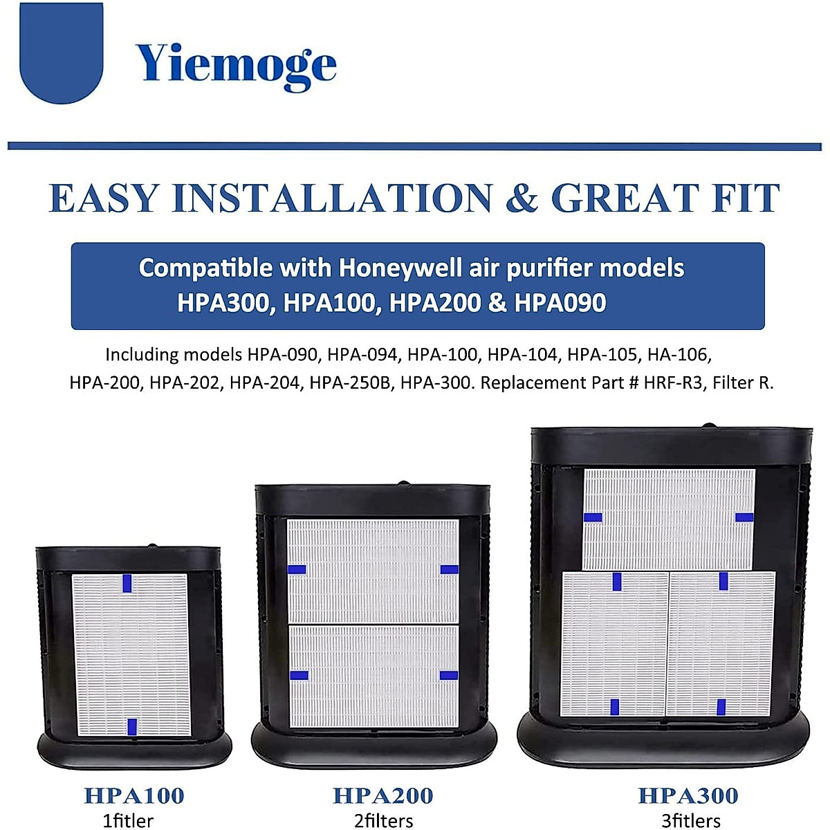 Yiemoge True HEPA Replacement for Honeywell Filter R HPA300 HPA200 HPA100 HPA090 HPA5300, 6 True HEPA Filters Set Compatible with Honeywell Air Purifier (6 HEPA Filters)