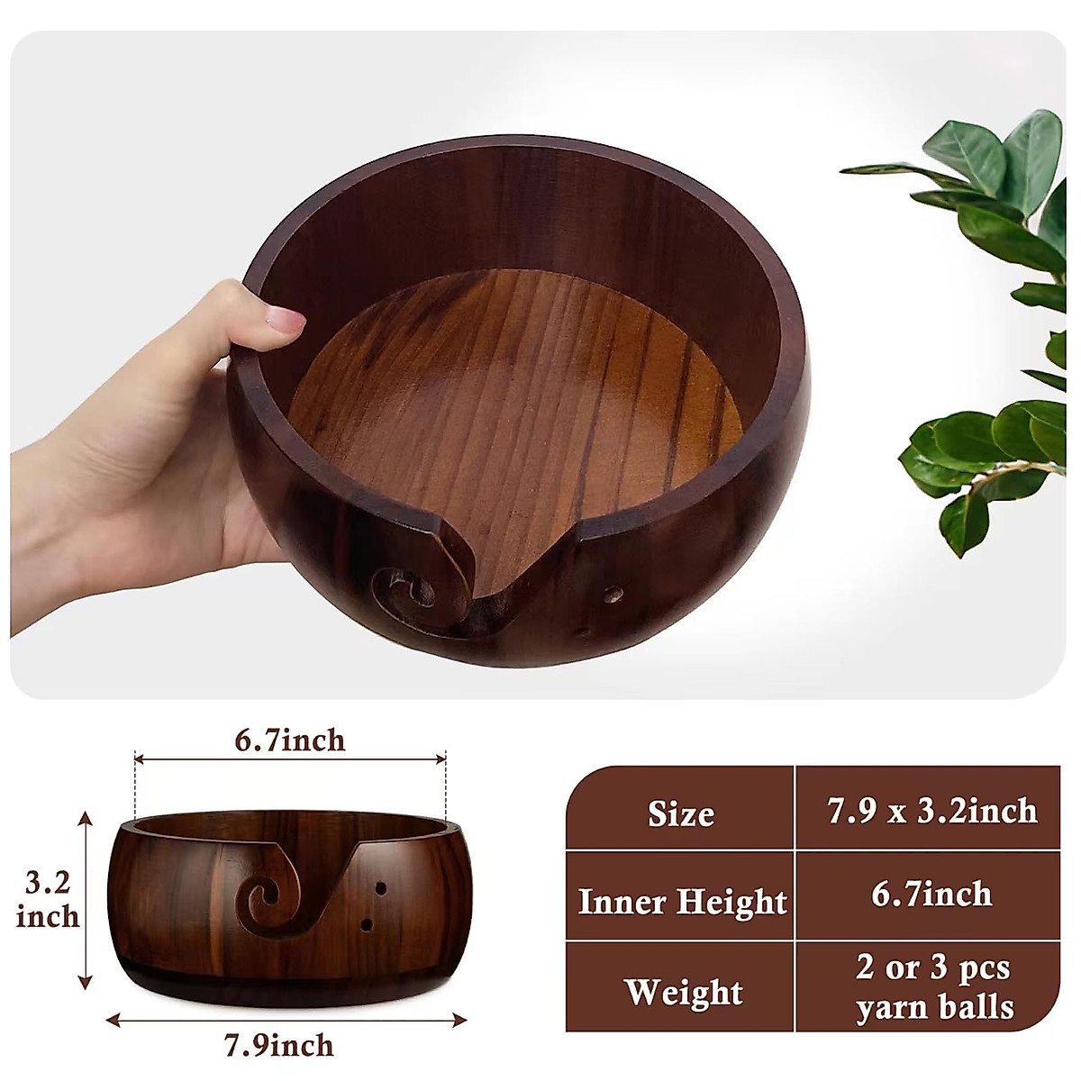 Wooden Yarn Bowl Holder, Craft Knitting Bowl with 8pcs Metal Crochet Hooks, 7.9''Large Yarn Holder Dispenser Yarn Storage Bowls, for Knitters & Crocheters (Brown 7.9 inch)