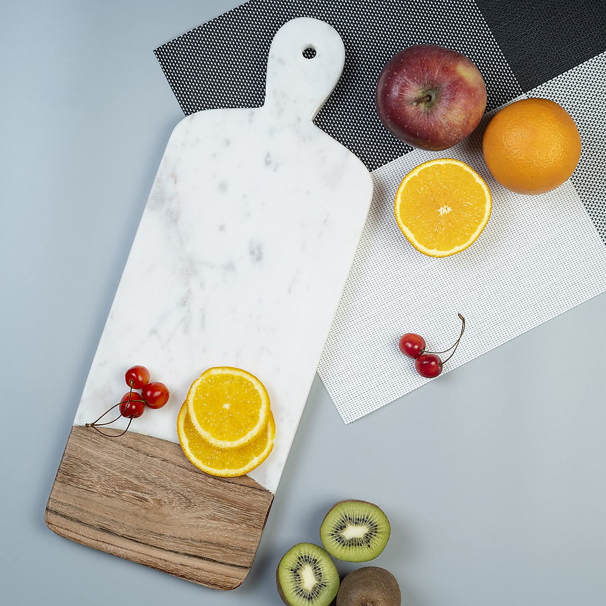 Wooden and Marble Cutting Board - Chopping Board With Handle - Wooden Cutting Boards for Kitchen Decor Accessories - Charcuterie Boards for Steak Fruits - Serving Trays - Size : 14x6" Inch