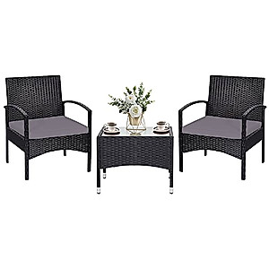 RELAX4LIFE 3-Piece Patio Furniture Set - Rattan Conversation Set, Wicker Bistro Set W/ 2 Chairs, Glass Table, Steel Frame, Outdoor Chairs Set for Backyard, Balcony, Front Porch Furniture(Gray)