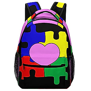 Heart Puzzle Autism Awareness Large Capacity Study Backpack Book Bag Daypack With Adjustable Padded Straps For Travel School Camping