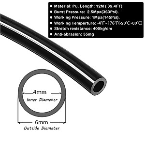 Beduan 6mm x 4mm Black Pneumatic Tubing Pipe PU Polyurethane Air Compressor Tubing Hose Pipe Line Fluid Transfer 39.4ft 12 Meter