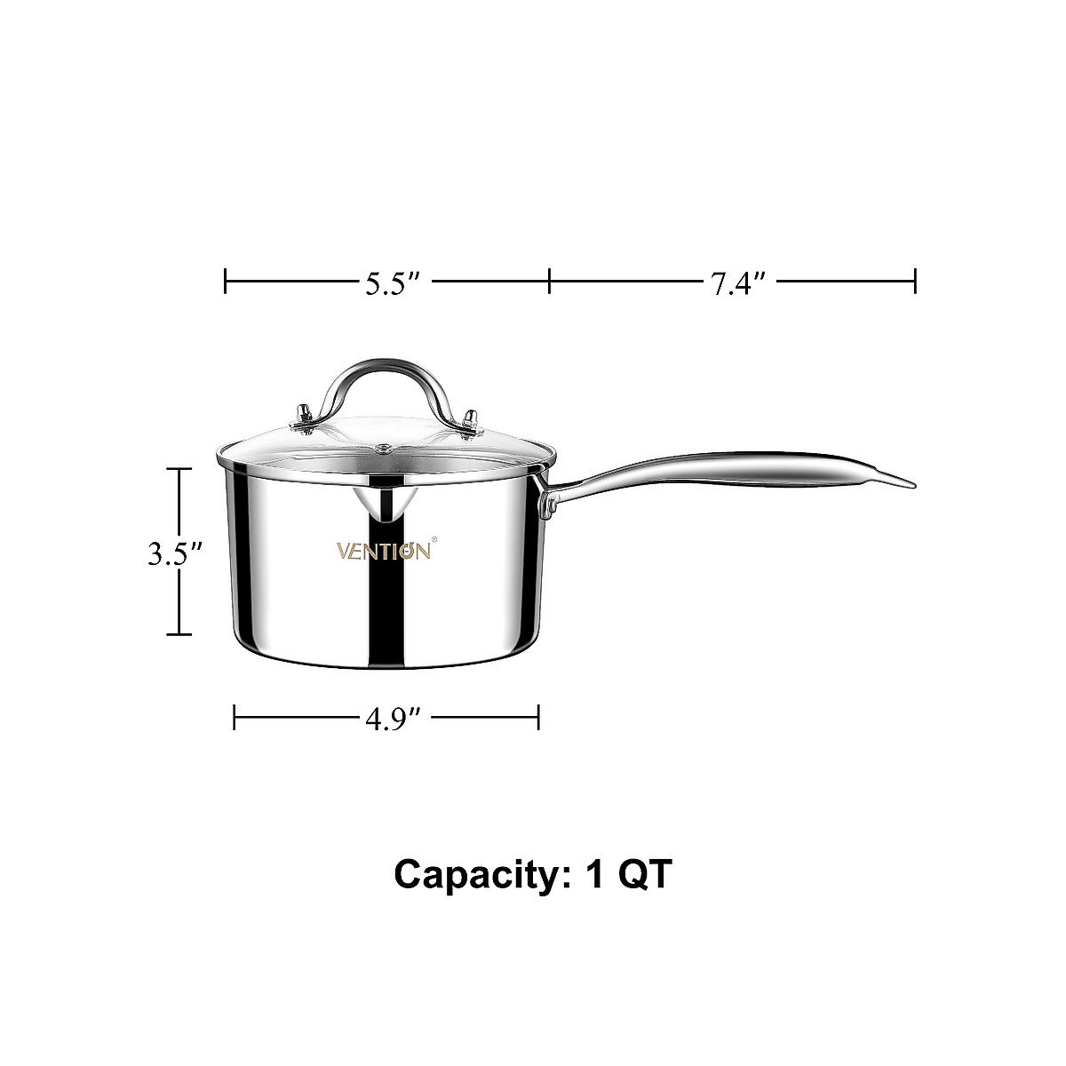 VENTION Tri-Ply Stainless Steel 1 Quart Saucepan with Lid, Bright Small Sauce Pan with Pour Spout, Small Pots for Cooking, Right Hand