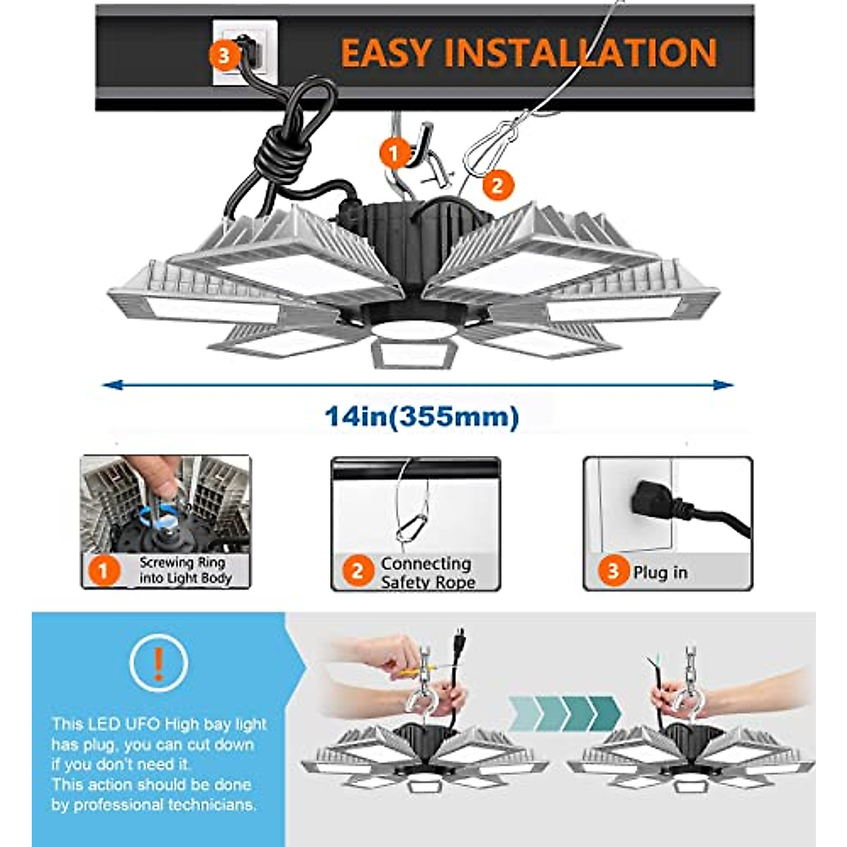 300W LED shop light, 6500K, 1000W Eq- Ultra-Bright high Bay for workshop, 30000lm Plug-in with Hanging Hook, Safety Rope - Ideal for Garage, Warehouse, Residential Barn, Factory, Workshop Lighting