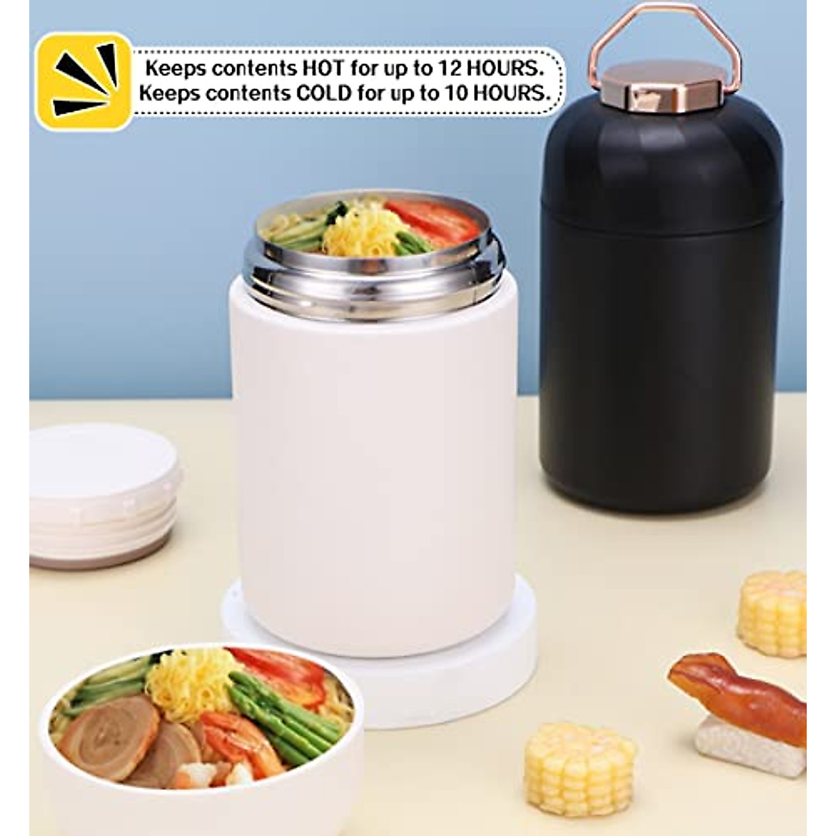 Soup Thermos for Hot Food Lunch Thermos for Hot & Cold Food for Adults,College Dorm Room Essentials,Stainless Steel Lunch Box 21oz,Vacuum Insulated Food Jar with Folding Spoon (Black)