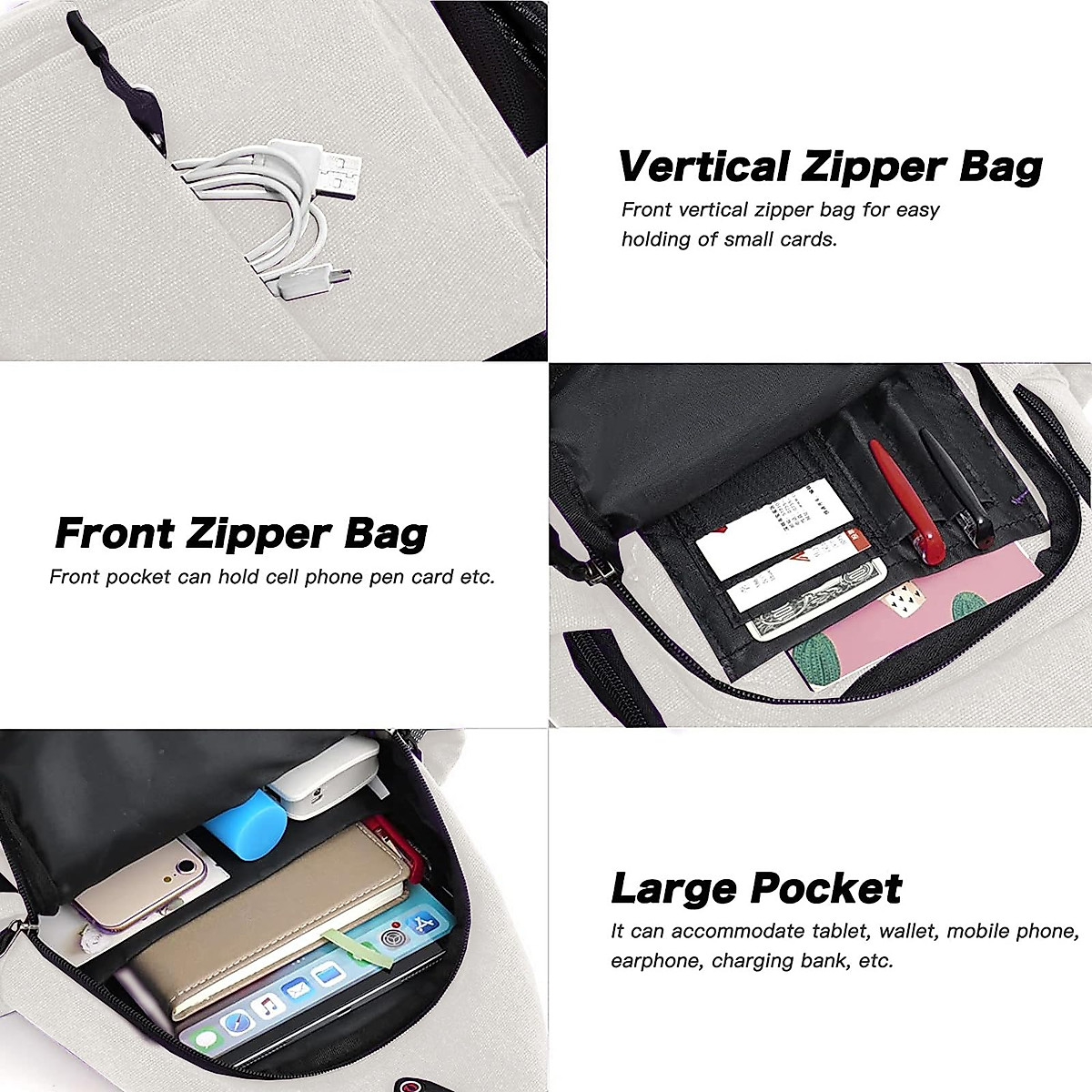 MOSISO Sling Backpack,Canvas Crossbody Hiking Daypack Bag with Anti-theft Pocket, Pearl White