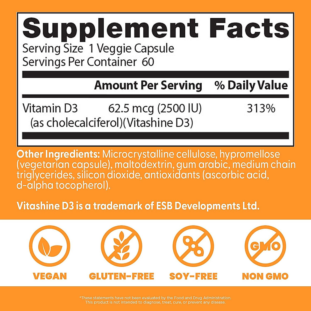 Doctors Best Vegan D3 2500 IU (Vitashine), Plant Sourced Vitamin D3, Non-GMO, Gluten Free, Soy Free, Vegan 60 Veggie Caps
