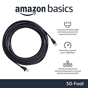 Amazon Basics RJ45 Cat-6 Ethernet Patch Cable, 1Gpbs Transfer Speed, Gold-Plated Connectors, 50 Foot for PC, TV, Tablet, Router, Printer, Black