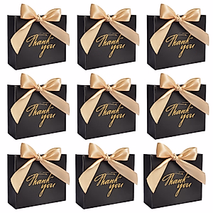 DECHISY 24Pack Small Thank You Gift Bag Party Favor Bags Treat Boxes with Gold Bow Ribbon, Black Paper Gift Bags Bulk for Wedding Baby Shower Business Party Supplies