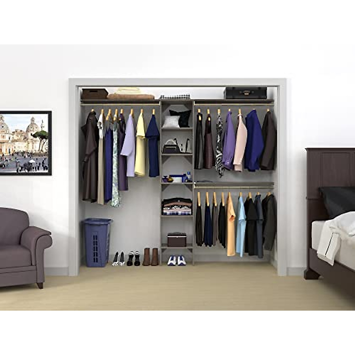 ClosetMaid SuiteSymphony Wood Closet Organizer Starter Kit with Tower and 3 Hang Rods, Shelves, Adjustable, Fits Spaces 4 – 9 ft. Wide, Graphite Grey