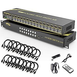 eKL KVM Switch, 16 Port v2.0 HDMI KVM Switch Supports Hotkeys Swapping 4K@60Hz 4:4:4 1080p 3D, 16 in 1/2 Out 16 PCs Sharing with One Set of Keyboard and Mouse