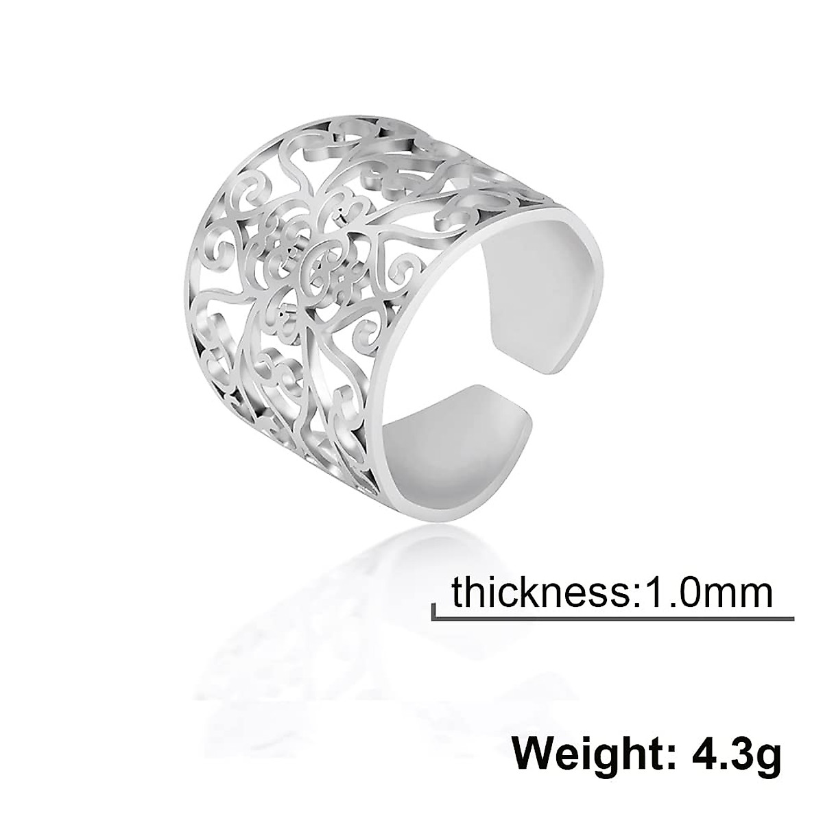 TEAMER Stainless Steel Hollow Flower Ring Boho Adjustable Open Finger Rings Fashion Jewelry Wedding Ring for Women (Flower 2-Steel Color)