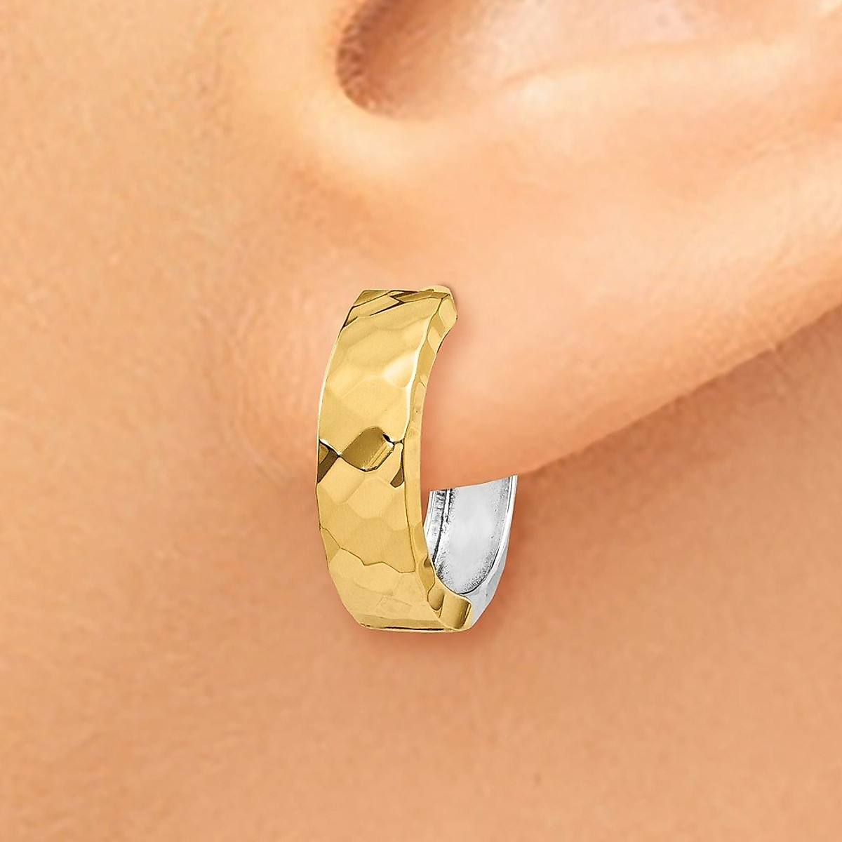 14k Yellow and White Gold Two Tone Textured Hinged Hoop Huggie Earrings - 14mm x 15mm