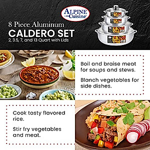 Alpine Cuisine 8 Piece Set Aluminum Caldero Stock Pot with Glass Lid, Commercial Grade Cooking Dutch Oven