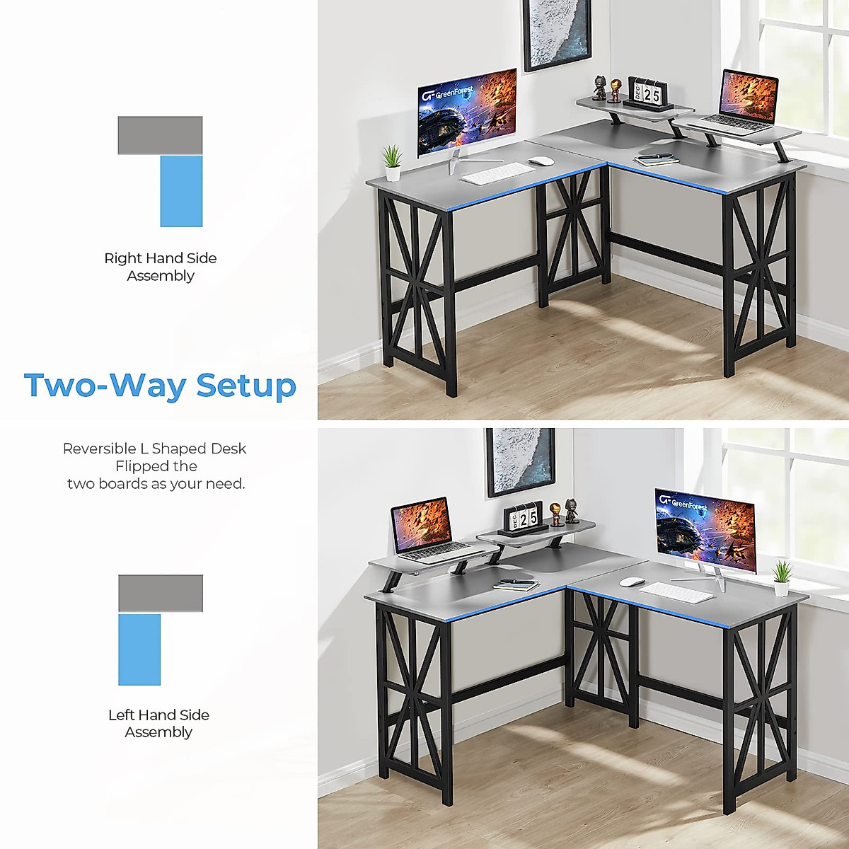 GreenForest L Shaped Desk with 2 Monitor Stand, 50.4 inch Reversible Corner Computer Desk for Home Office Study Gaming Workstation Crafting Table for Small Spaces Saving, Easy Assembly, Grey
