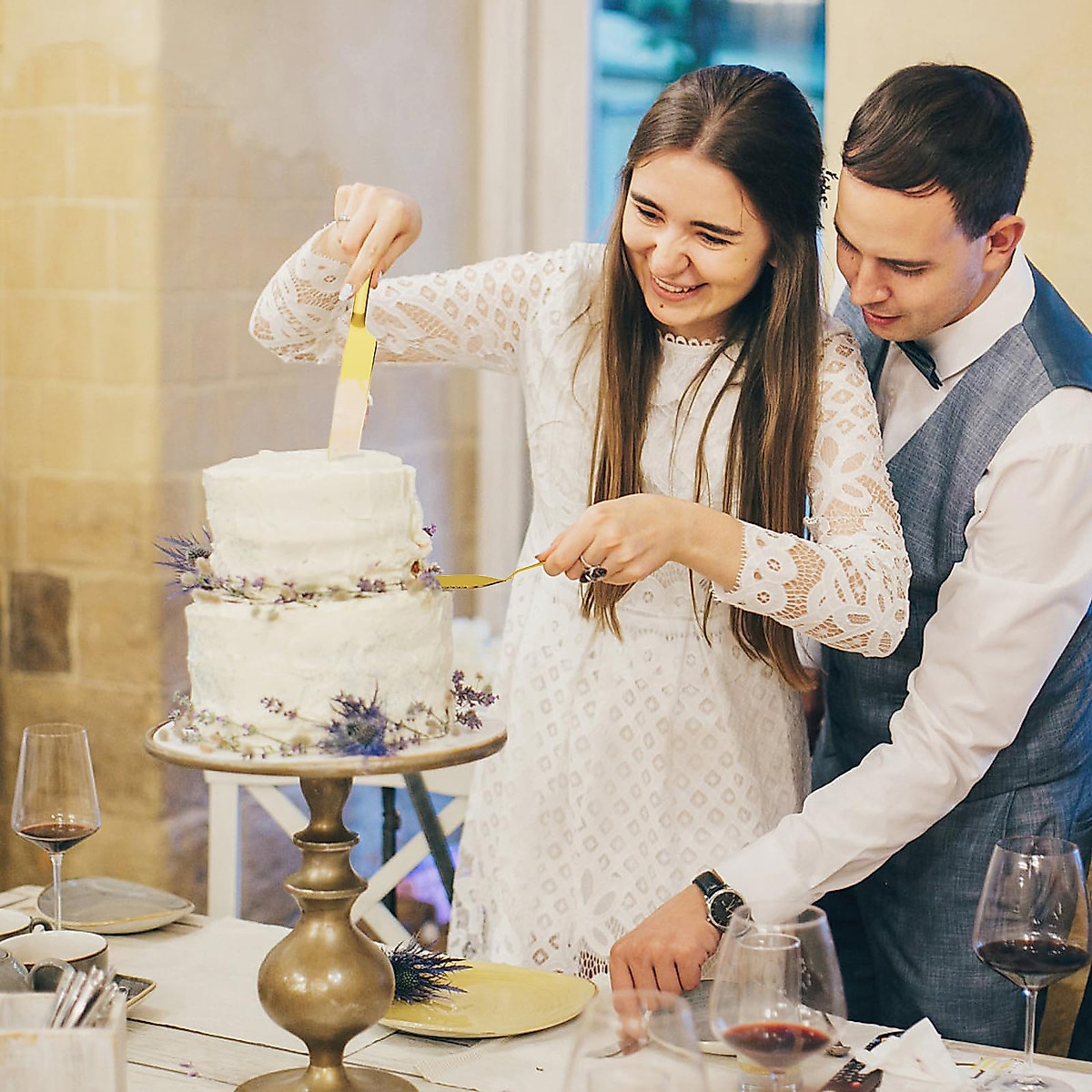 GWHOLE Gold Wedding Cake Cutting Set, Wedding Cake Cutter Set, Cake Knife and Server Set for Wedding Pie Spatula Birthday Cake Anniversary Christmas Gift