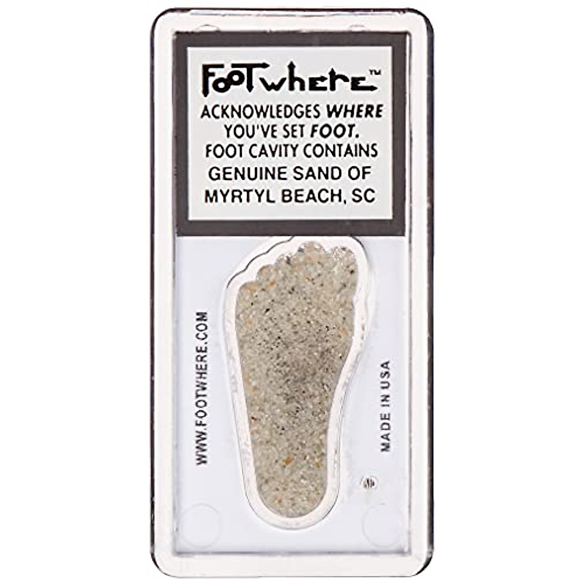 Myrtle Beach FootWhere Magnet (MBSC201 - Beachfront). Authentic Destination Souvenir acknowledging Where You've Set Foot. Genuine Soil of Featured Location encased Inside Foot Cavity. Made in USA