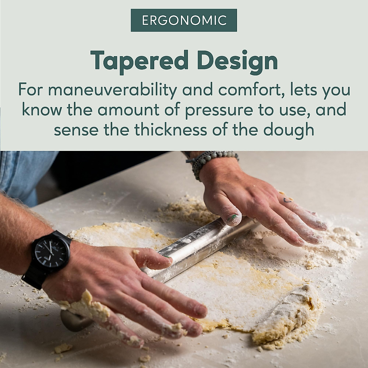 French Rolling Pin for Baking by Ultra Cuisine – Tapered Stainless Steel Design, Professional or Home Use with Pizza, Cookie, & Pastry Dough, or Fondant and Pie Crust –Dishwasher-Safe, Size 15.75 in