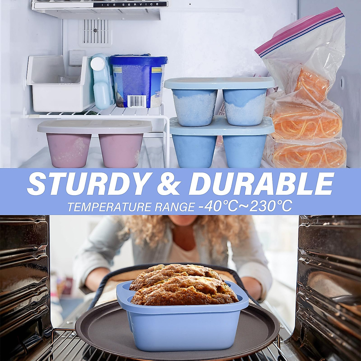 Mossime Silicone Soup Freezer Molds: 1 Cup Silicone Freezer Trays with Lid - 4 Packs Easy Release Soup Freezer Containers - 250ml 125ml Portion Large Cubes for Ice Soup (4, Blue/Purple)