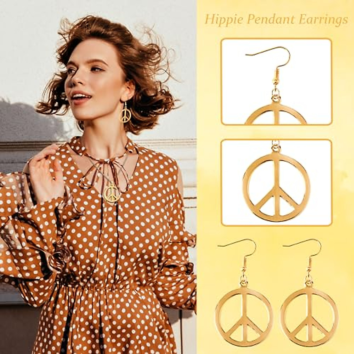 Peace Sign Necklace Earrings Set for Women Hippie Costume Accessories 70s Outfits for Women Hippie Jewelry for 60s 70s Party Favors Decorations