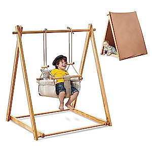 Wooden Toddler Swing Set, Foldable Baby Swing Set with Adjustable Ropes and Backrest Pillow, Durable and Stylish Indoor Swing Set, Swing Set for Toddlers 6-36 Months, Easy to Assemble (Wood)