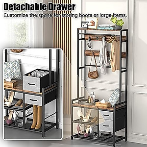 DDJ Hall Tree with Bench and Shoe Storage, Entryway Bench with Coat Rack with Shoe Storage, 7-in-1 Entryway Coat Rack with Hooks and Hanging Rod, 11.8 x 33.1 x 70.9 in, Rustic Brown and Black