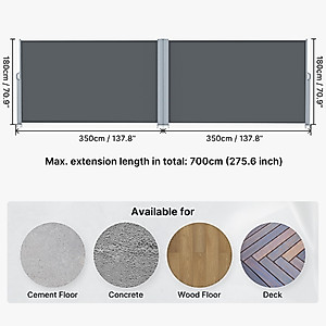 PATISOL 276"x71" Retractable Double Side Awning Full Aluminum Patio Outdoor Folding Privacy Screen Divider, Water & UV Resistant Sun Shade Wind Blocker for Garden, Backyard, Balcony (Dark Grey)