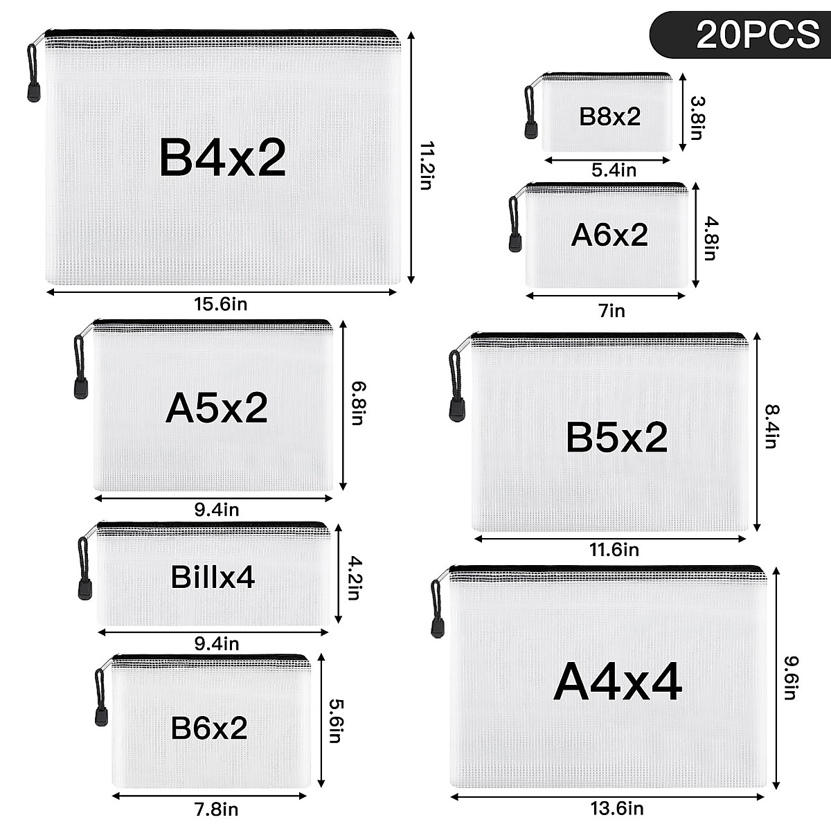 EOOUT 20pcs Mesh Zipper Pouch 8 Sizes Waterproof Zipper Bags, Plastic Travel Pouch for Board Game Travel Storage School Supplies Office Appliances Home Organize