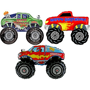 Monster Truck Rally Party Supplies Birthday Balloon Bouquet Decorations 3 Trucks