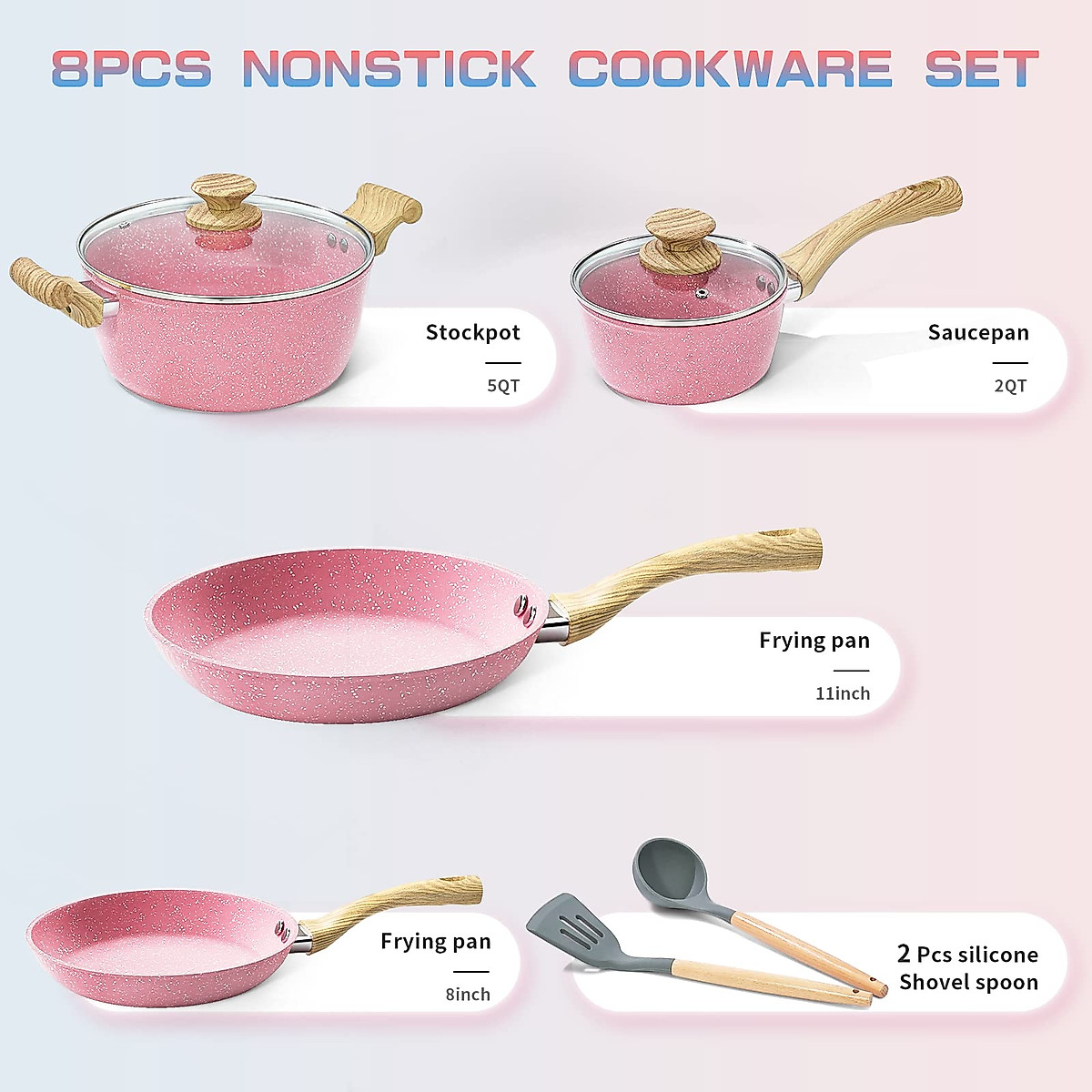 Nonstick Cookware Sets, 8 Piece Pots and Pans Set, Granite Stone Non Stick Frying Pan Set with Stay Cool Handles, Pink kitchen Sets 100% PFOA-Free, Toxin-Free, Induction Compatible