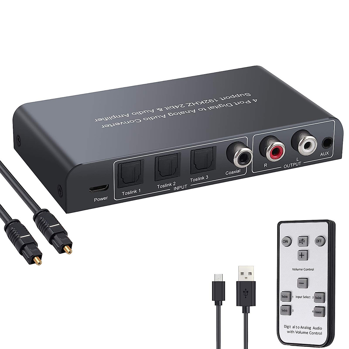 LiNKFOR DAC Converter 192kHz Digital to Analog Audio Converter 3 Optical SPDIF Toslink + 1 Coaxial Switch to Analog Stereo L/R RCA 3.5mm Audio Adapter Support Volume Control/Mute/Power ON or OFF by