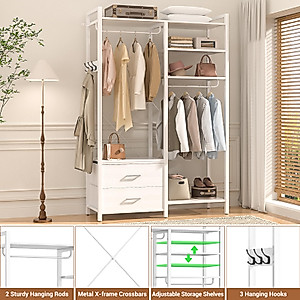 Clothes Rack for Hanging Clothes - Reversible Clothing Rack with 2 Drawers, Heavy Duty Garment Rack with Shelves, 6 Tiers Freestanding Portable Closet Wardrobe System with Hanging Hooks, White