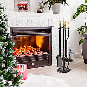 LOENIY 5 Pieces 31In Fireplace Tools Set, Wrought Iron Fireplace Tools with Ergonomic Handle, Fireplace Accessories Set included Tong, Shovel, Base, Poker and Brush for Indoor (Antique Bronze)