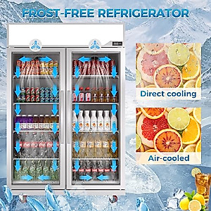 HIPOPLLER Commercial Glass 2 Door Display Refrigerator Merchandiser - Upright Beverage Cooler with LED Lighting - 38.5 Cu. Ft., Silver