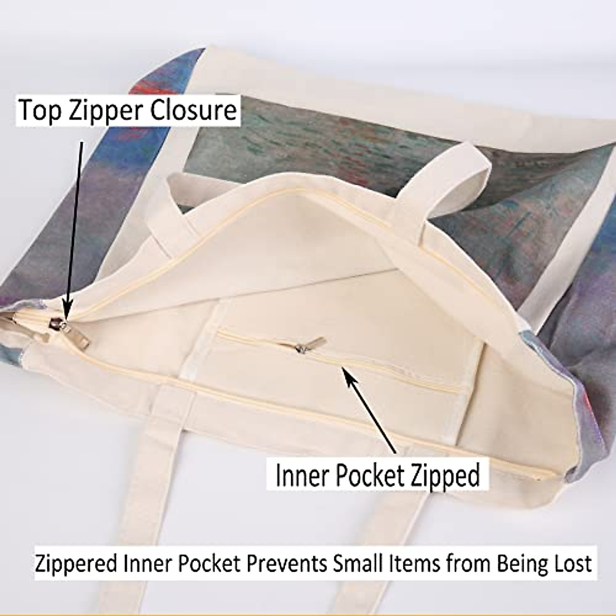 Sanmuci Canvas Tote Bag, Women's Large Zip Canvas Bag with Pockets, Vintage Graphic Aesthetic Shoulder Bags, Reusable Grocery Lunch Bag - Monet·Sunrise Impression