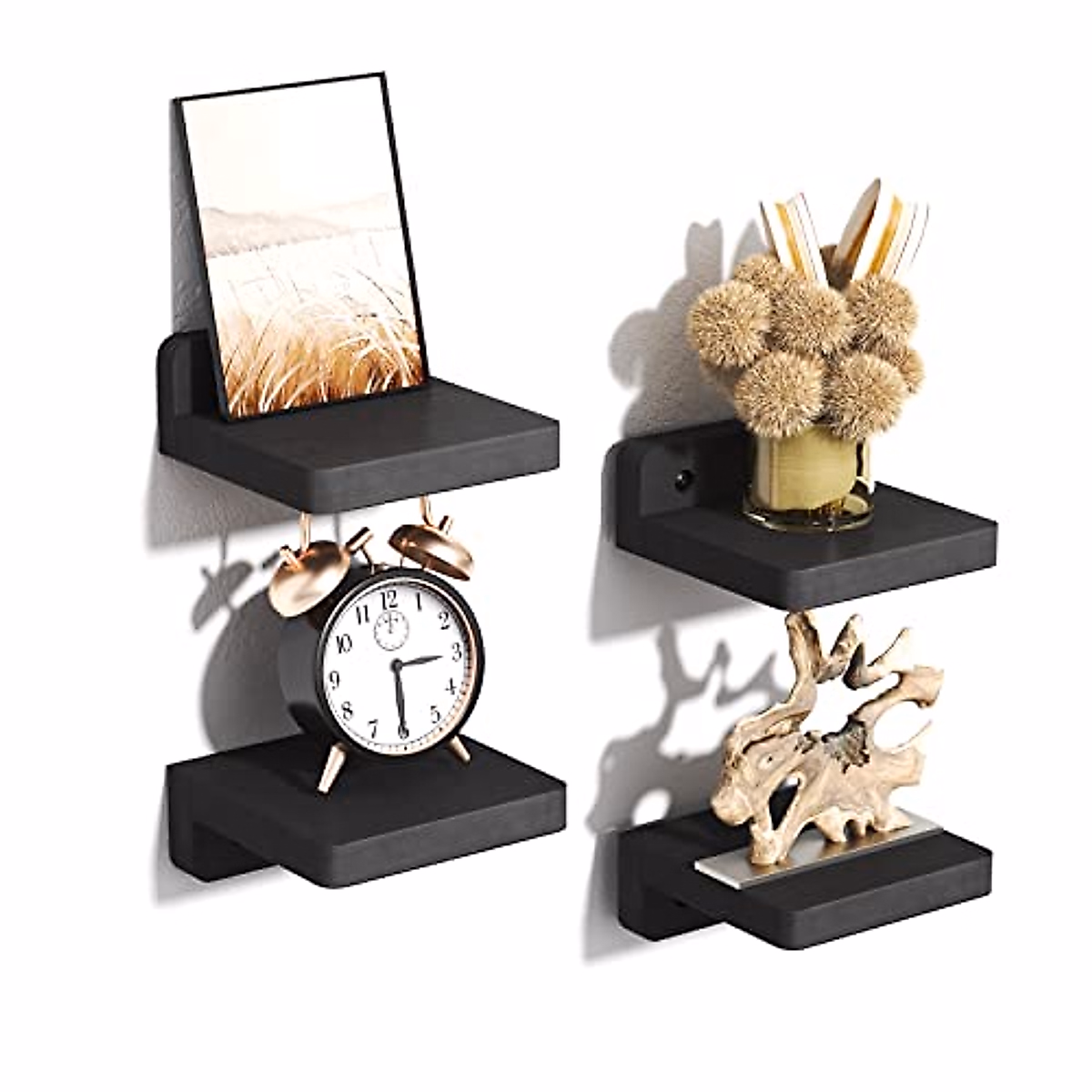 SRIWATANA Small Floating Shelves Wall Mounted, 4 Inch Wood Shelf for Decoration and Storage Set of 4, Mini Display Shelf for Bedroom, Bathroom, Kitchen, Office, Black