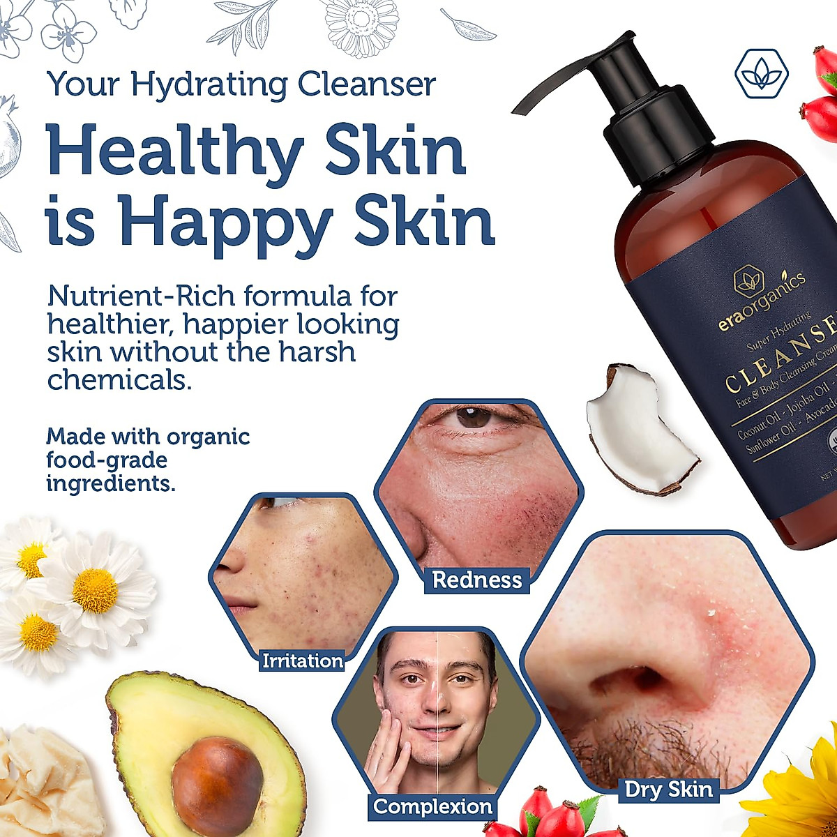 Era Organics USDA Organic Men's Face Wash - Nourishing and Hydrating Facial and Body Cleanser for Smoother Skin