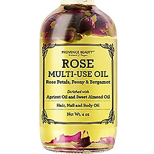 Multi-Use Oil for Face, Body and Hair - Organic Blend of Apricot, Vitamin E and Sweet Almond Oil Moisturizer for Dry Skin, Scalp and Nails - Rose Petals, and Bergamot Essential Oil - 4 Fl Oz