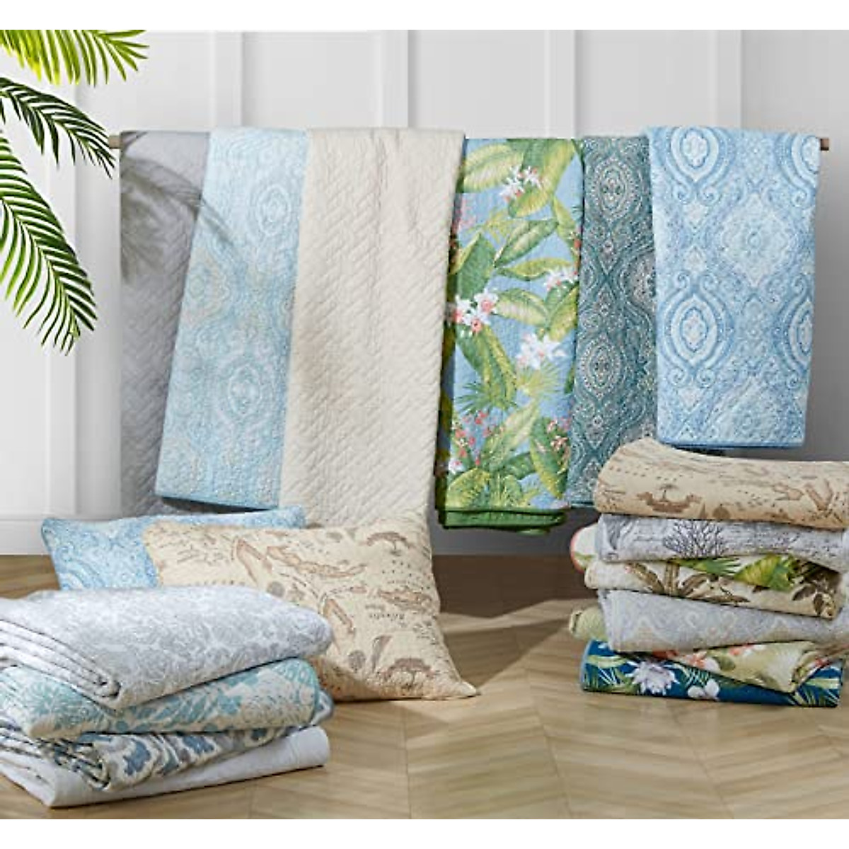 Tommy Bahama Home Quilt Set Reversible Cotton Bedding with Matchin Sham, All Season Home Decor, Twin, Cape Verde Smoke Grey/Blue