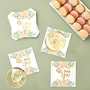 Sparkle and Bash 50 Pack Gold Foil She Said Yes Napkins for Engagement Party Supplies, Bridal Shower Decorations, Luncheon, Wedding Decor, Disposable, 3-Ply (White, 5 x 5 Inches)