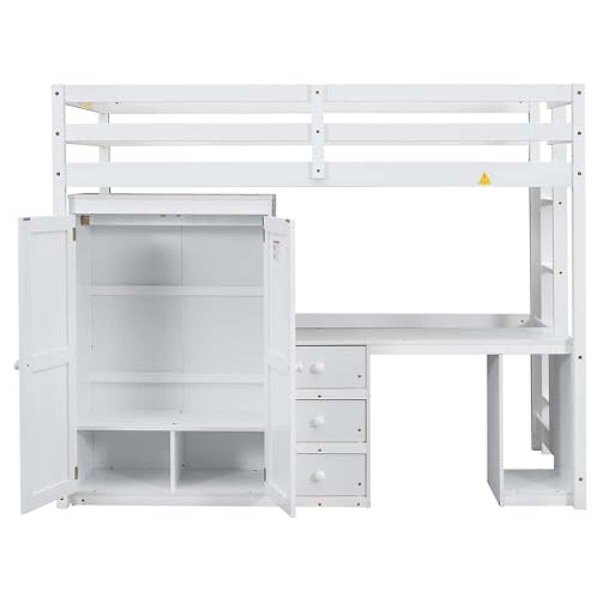 BOVZA Wood Twin Size Loft Bed Frame with Desk and Wardrobe, Built-in Desk with 3 Drawers and Open Cabinet, Twin Loft Bed with Desk and Storage for Kids Teens Adults, White